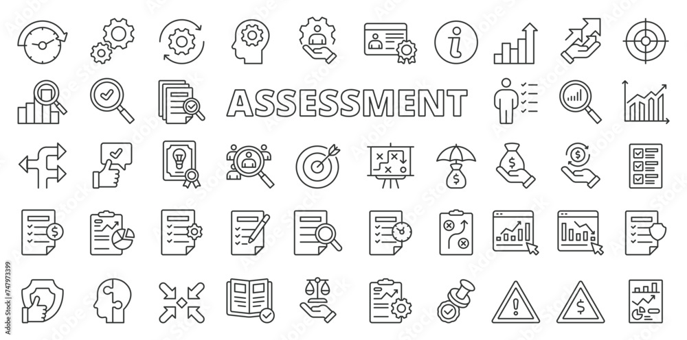 Assessment icons in line design. Assessment, data, analysis, compare ...