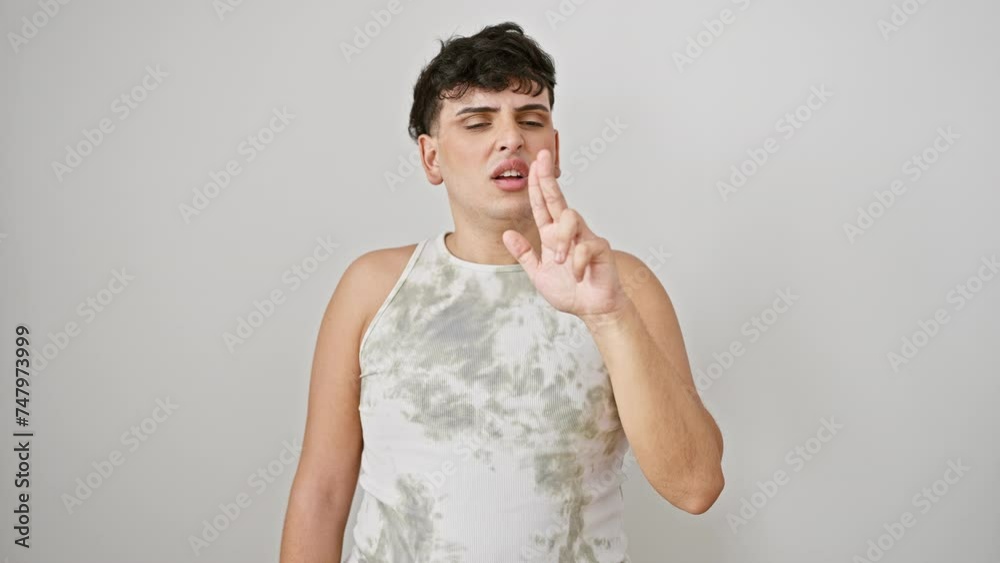 Depressed adult male wearing sleeveless t-shirt, poses pretend suicide ...