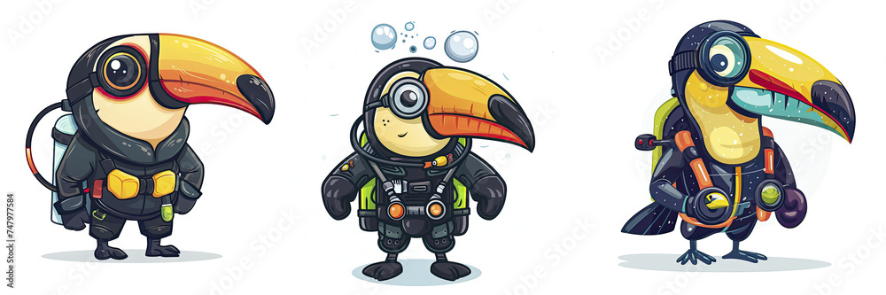 Diver With Toucan Bird Cartoon , Isolated Transparent Background Images ...