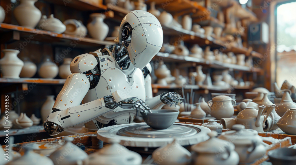 An advanced robot meticulously shapes a clay pot, illustrating the ...