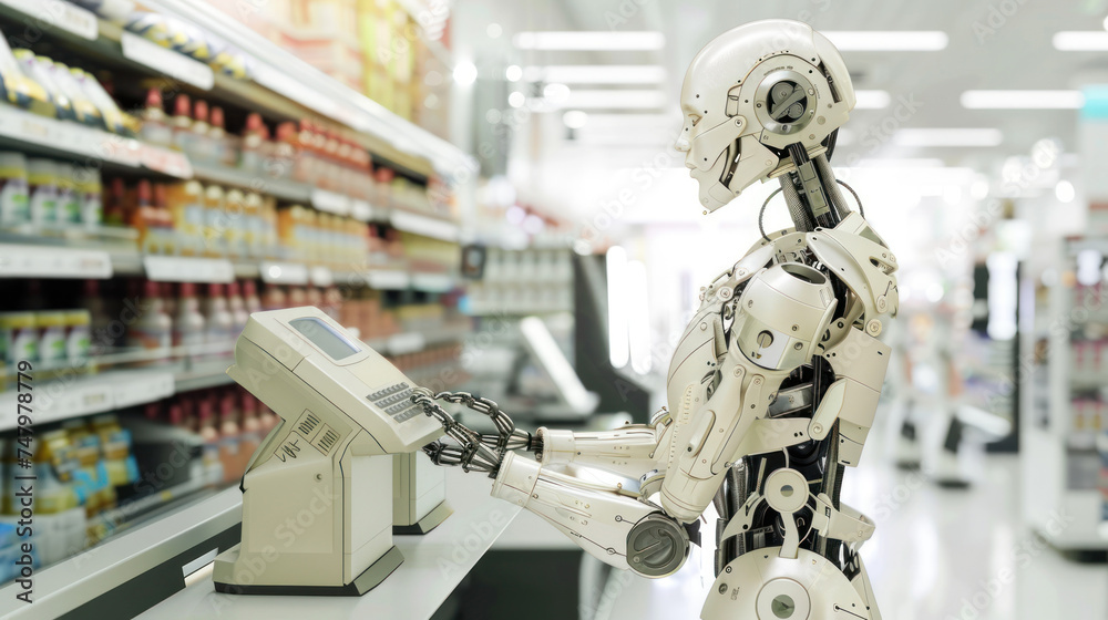 Robot resembling human form operates as a cashier scanning groceries in ...