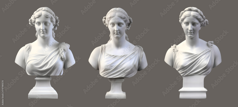 Marble busts of three Greek women on a gray background. An ancient ...