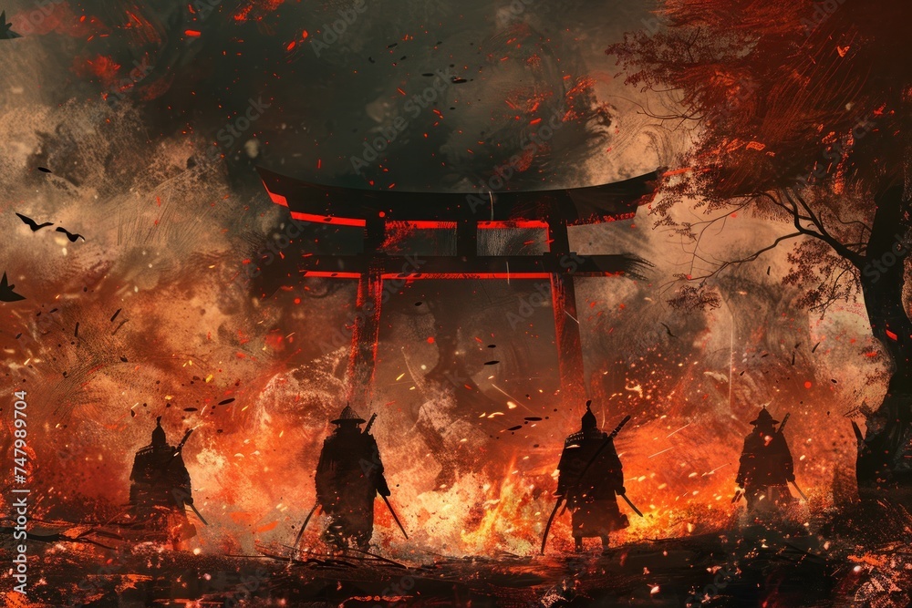 Bushido scene in fire and smoke, epic illustration of feudal Japan in ...