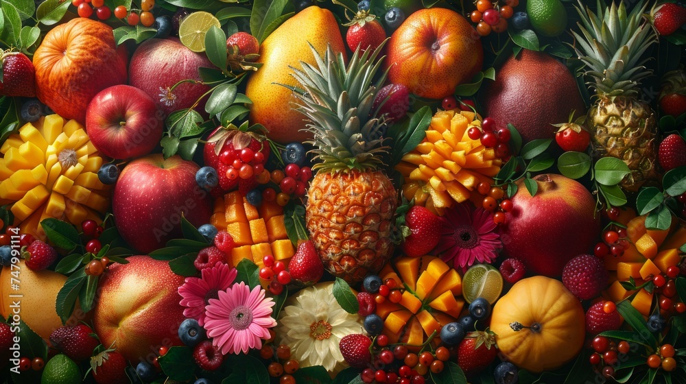 A cascade of fruits from around the world, their diverse shapes and ...