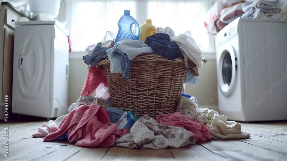 A laundry basket overflowing with clothes rests next to bottles of ...