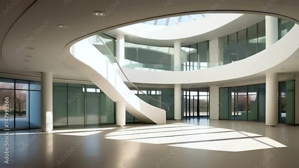 The interior of a modern office building with elliptical balconies and ...