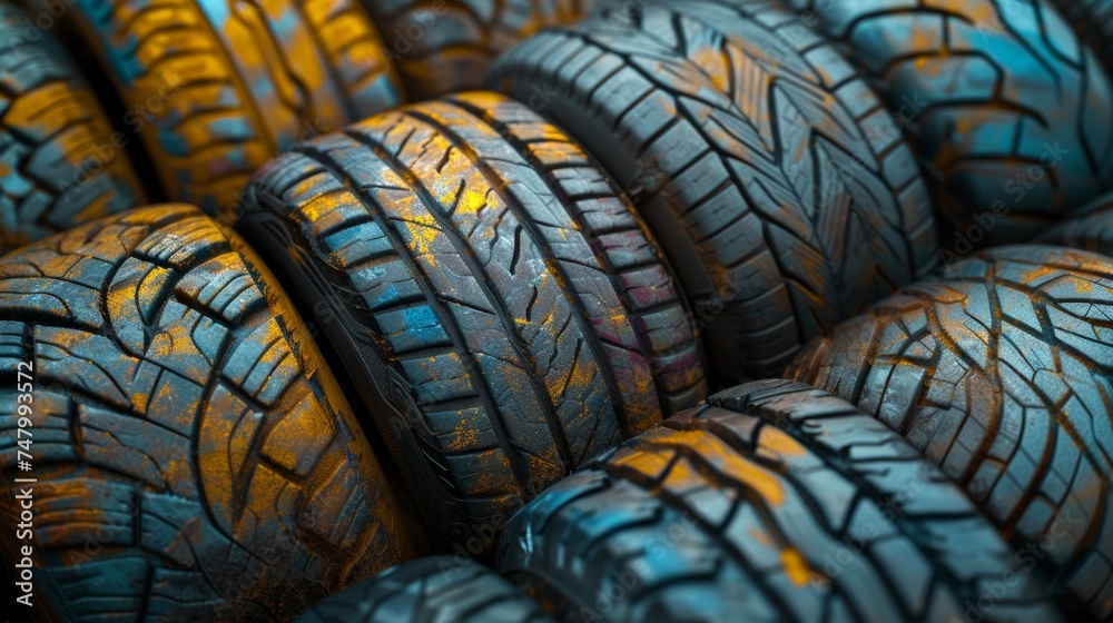 Intricate stacks of car tires, showcasing varied tread patterns and textures, abstract concept ...