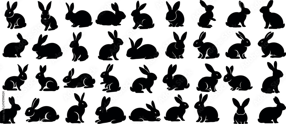 Black bunny silhouette collection, various bunny poses isolated on ...