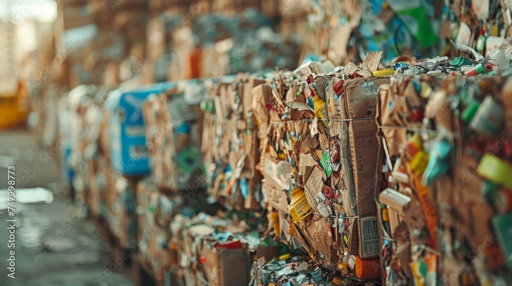 Compacted bales of mixed recyclable materials ready for processing at a ...