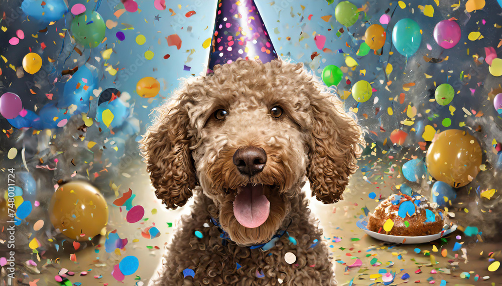 Happy cute labradoodle dog wearing a party hat celebrating at a ...