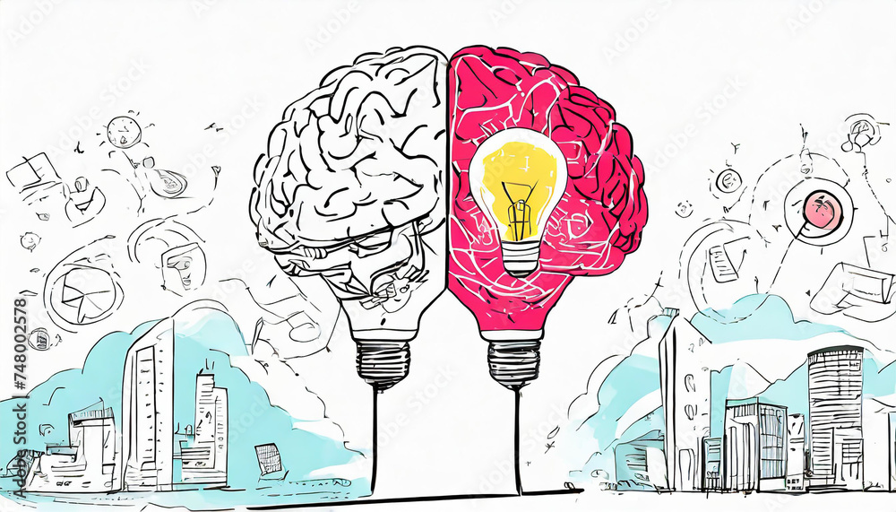 Left right human brain concept, textured illustration. Creative left ...