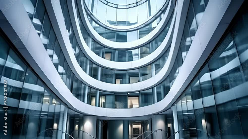 The interior of a modern office building with elliptical balconies and ...