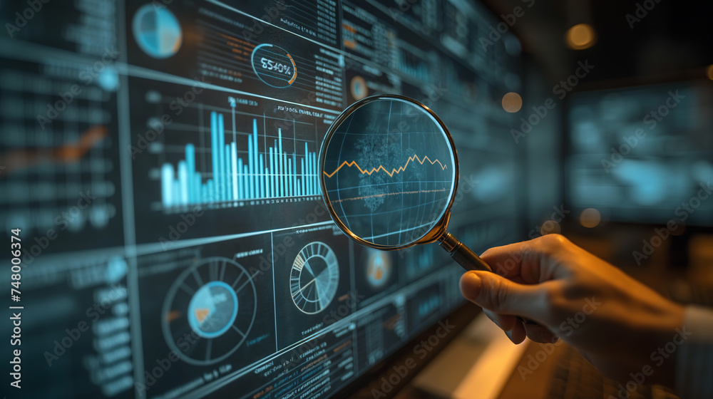 Analyst holding magnifying glass over charts on computer screen, data ...