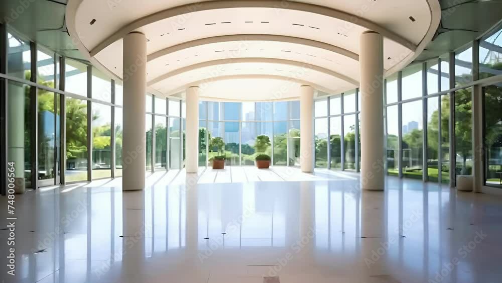 The interior of a modern office building with elliptical balconies and ...