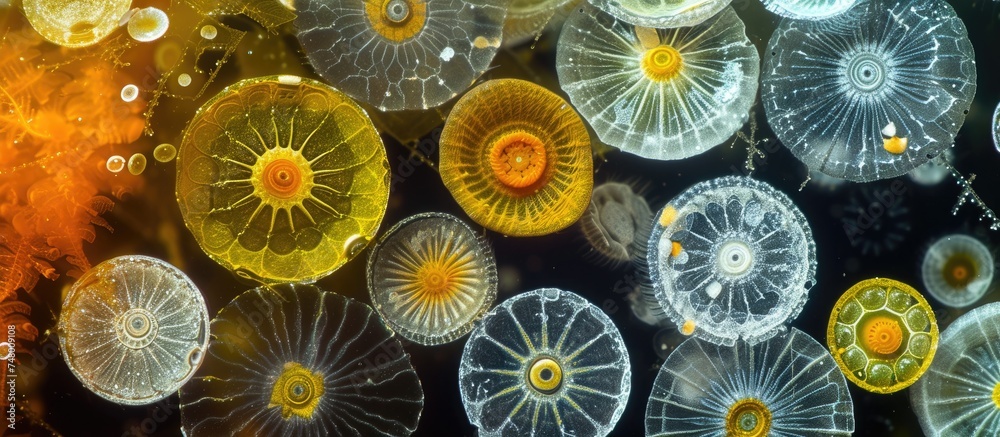 A cluster of jellyfish gracefully swim through the water, their ...