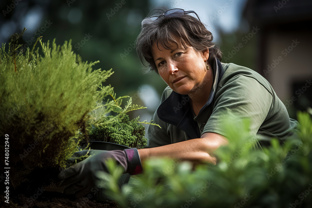 woman is gardening, planting green shrubs outdoors, wearing gloves ...