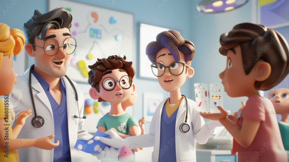 A virtual doctor leading a group of animated children through a fun and ...