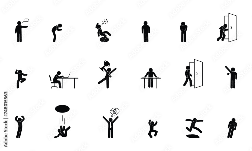 stick figure man icon, set of basic poses and gestures, human ...