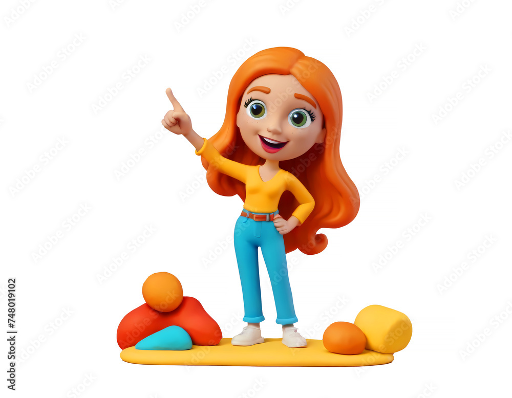 3D illustration cartoon young woman character pointing gesture pose ...