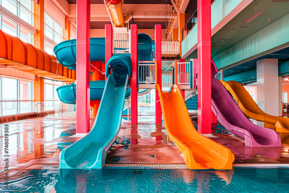 indoor Empty Water park for kids with colored slides Stock Illustration ...