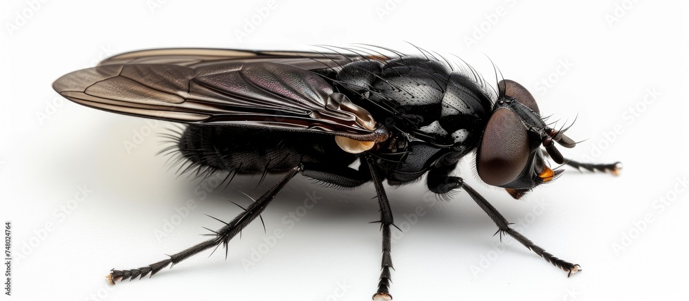 A detailed view of a Black Soldier Fly close up against a white ...