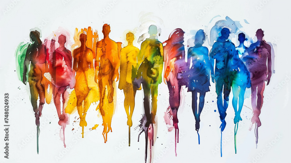 Abstract colorful art watercolor painting group of people standing next ...