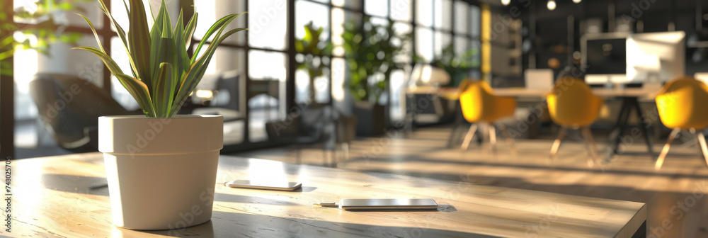 Realistic office workspace scene with decor - A well-lit and tidy ...