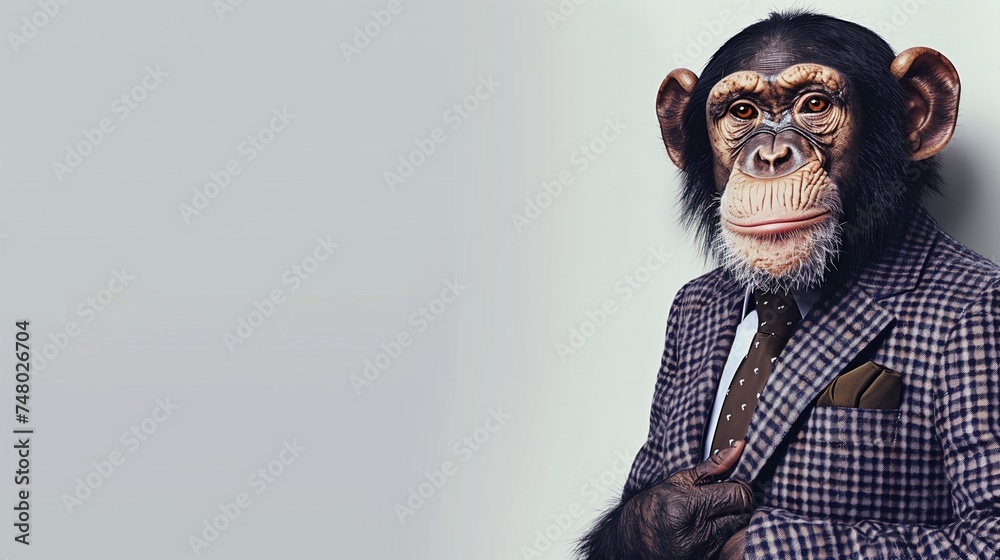a monkey wearing a suit with a tie on a plain white background on the ...