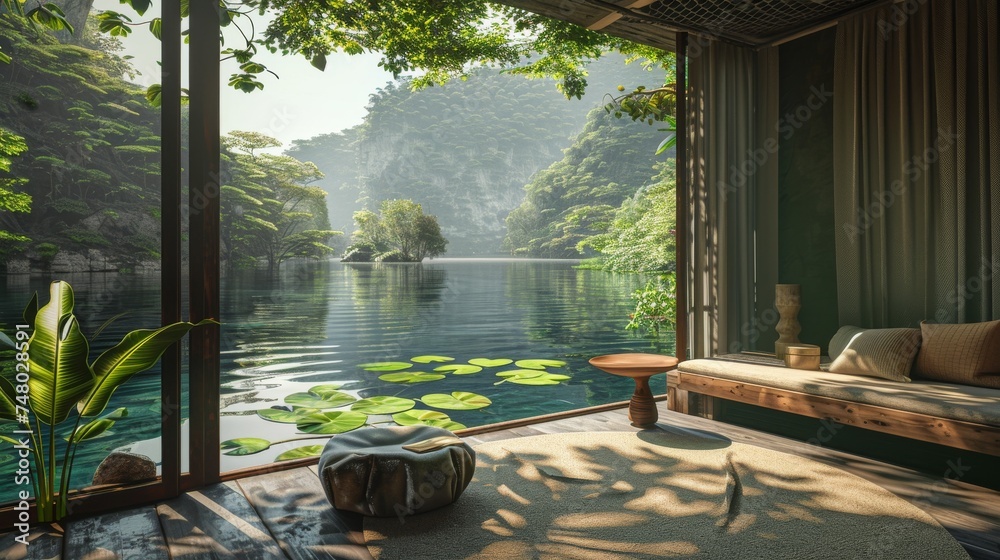 A peaceful room opens up to a breathtaking view of a calm lake ...