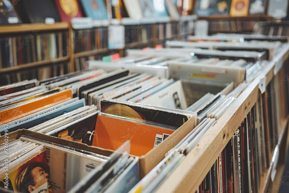 Vintage record store with vinyl collections - Rows of vinyl records in a retro record store ...