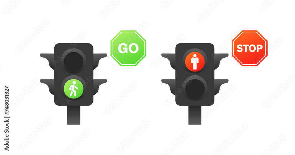 Go and Stop traffic light icons. Red and green traffic lights. Flat ...