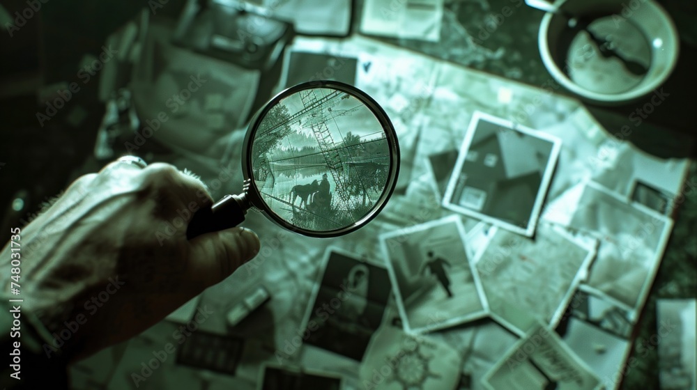 Detective hand holding a magnifying glass in front of a board with ...