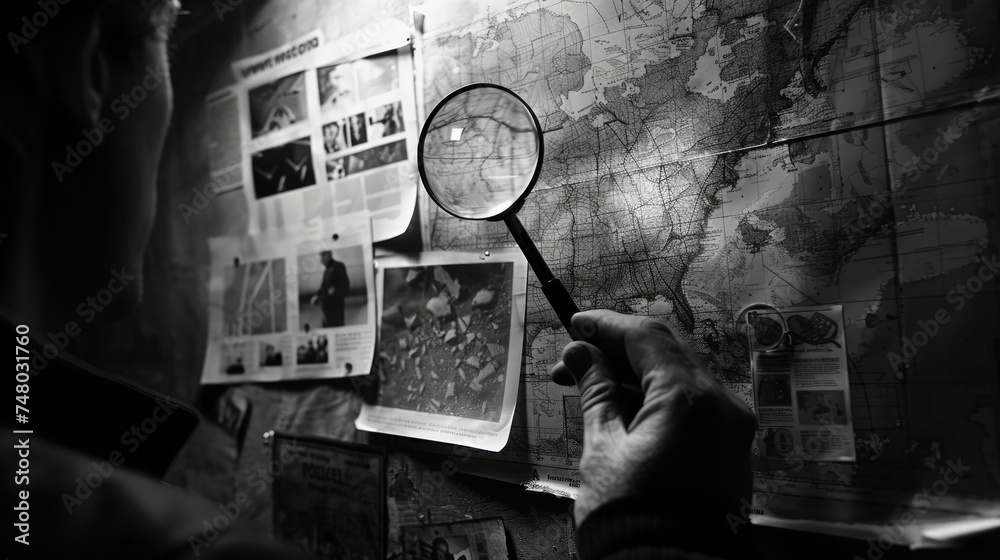 Detective hand holding a magnifying glass in front of a board with ...