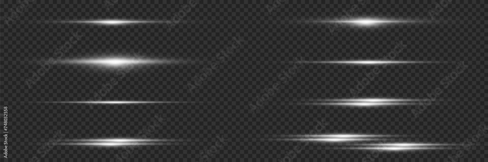 Collection of motion and moving fast speed lines. White laser beams of ...