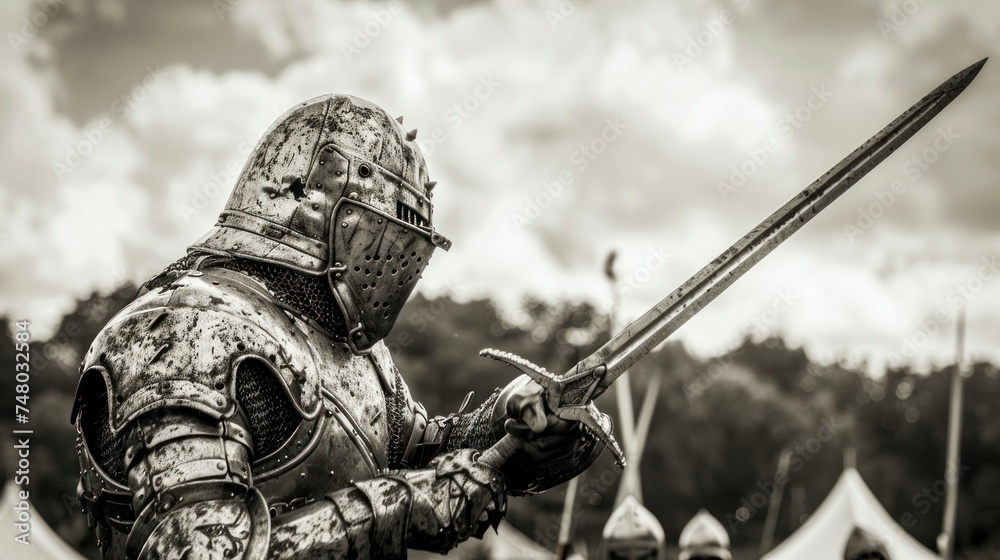 A black and white old-style photo featuring a medieval knight clad in ...