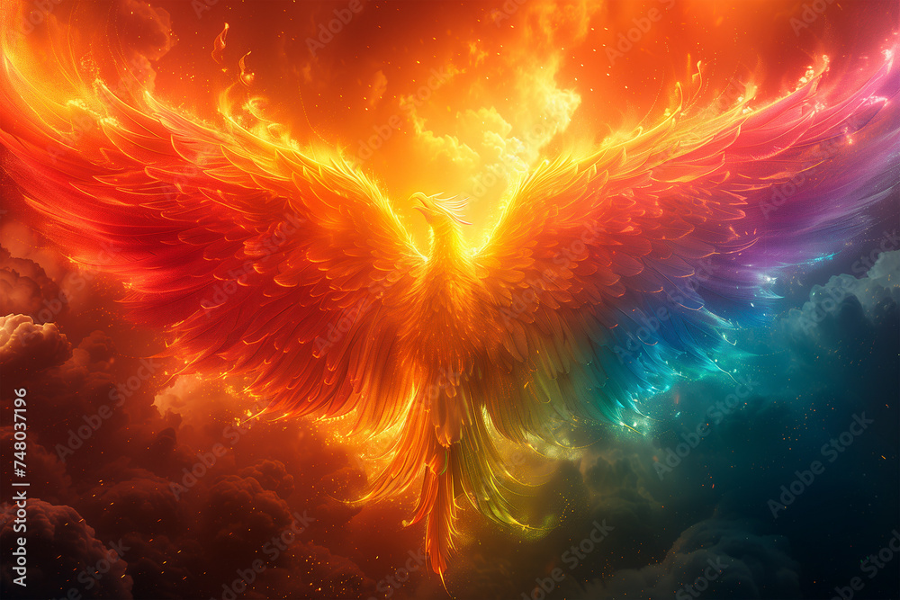 Rainbow colored phoenix rising from the ashes, symbolizing the ...