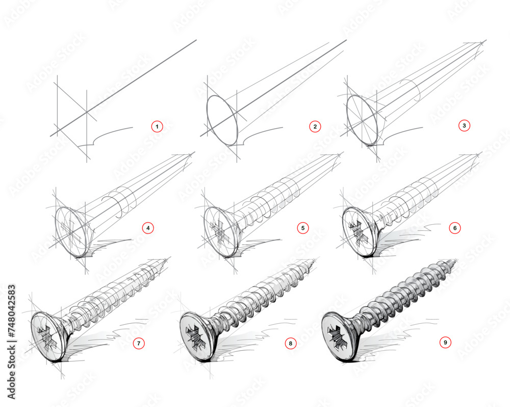 Page shows how to learn to draw from life sketch a screw. Pencil ...