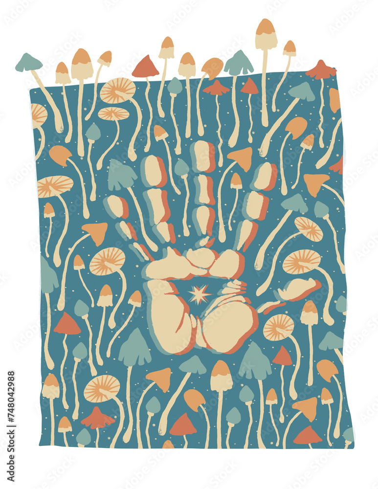 Ready-made isolated print poster composed of hand drawn psilocybin ...
