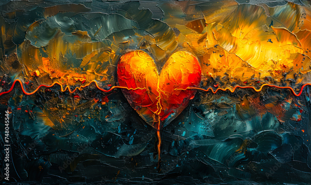 Abstract artistic heart with vibrant colors and heartbeat pulse ...