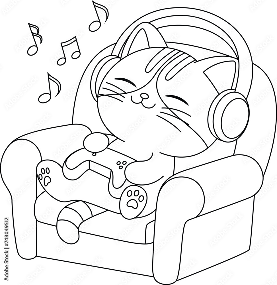 Cute cat is listening music coloring page. Kawaii kitten illustration ...