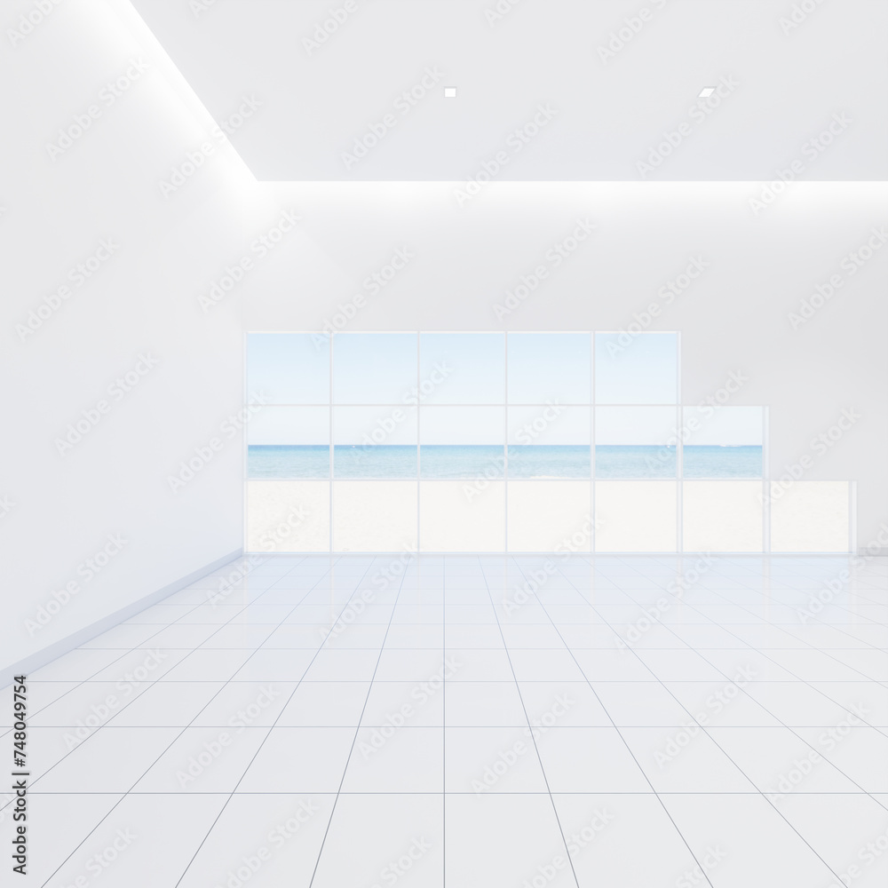 3d rendering of white empty room with ceramic tile floor in perspective ...
