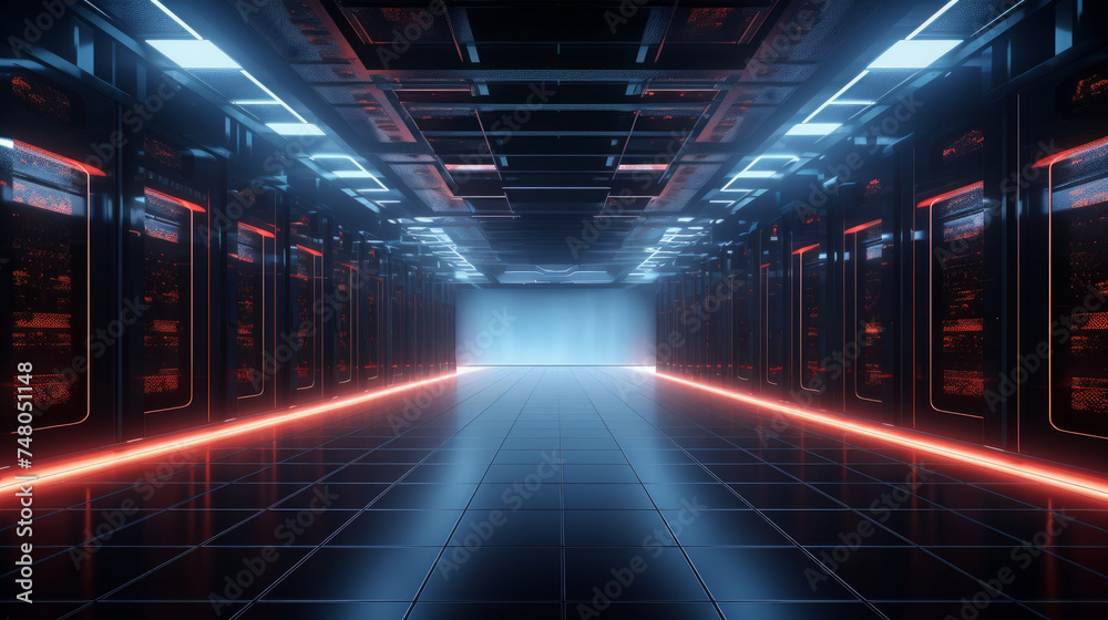 Supercomputer and Advanced Cloud Computing Concept. White Server Cabinets inside Bright and ...