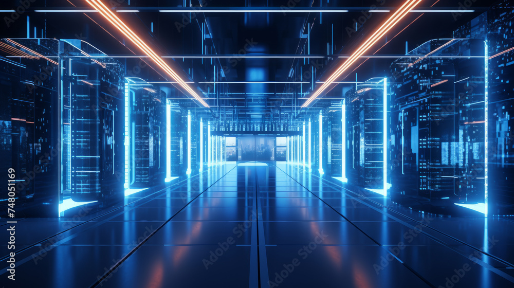 Supercomputer and Advanced Cloud Computing Concept. White Server Cabinets inside Bright and ...