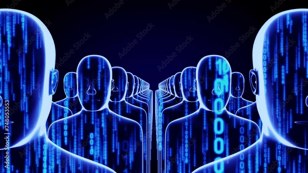 Many geometrical male faces and matrix style binary code - 3D 4k ...