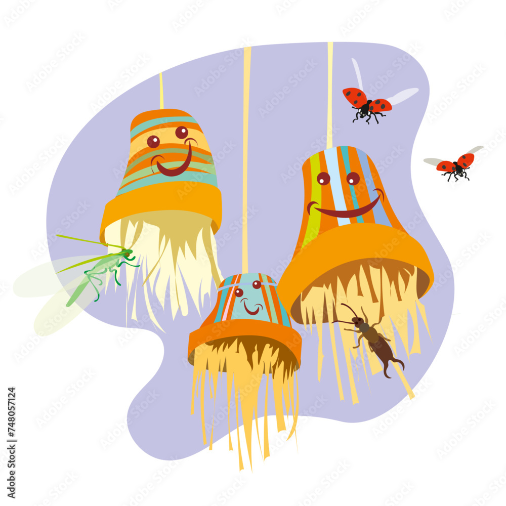 Cartoon illustration of funny insect hotels made from clay pots Stock ...