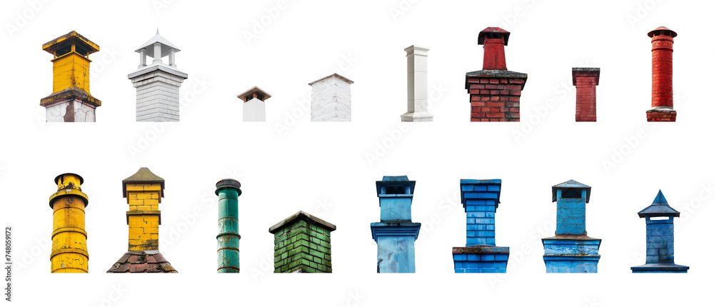 Set of chimneys in various formats, colors, models and textures. Old ...