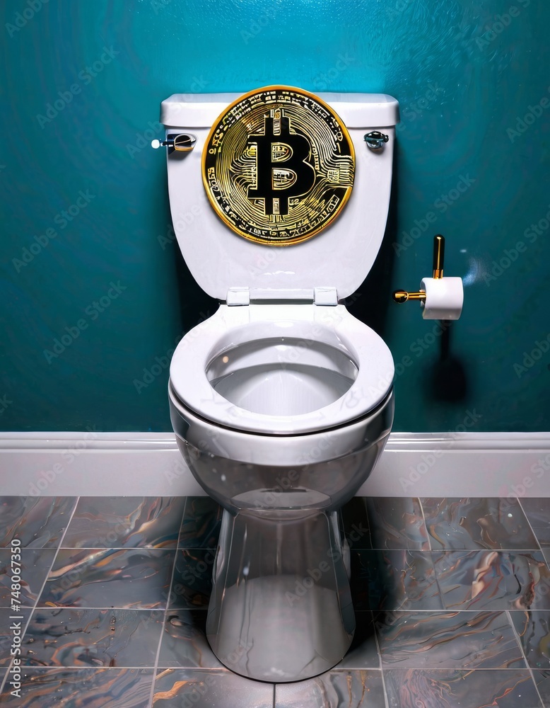 A golden Bitcoin emblem is displayed on a toilet seat in a bathroom ...