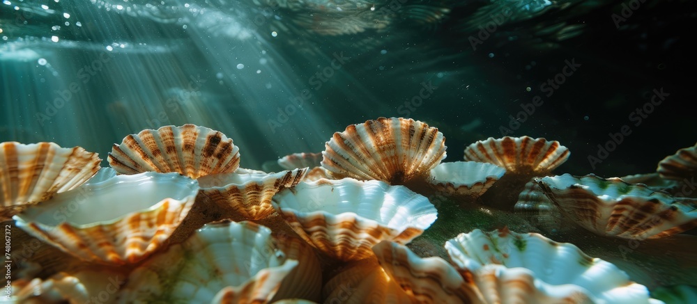 A cluster of various shells submerged beneath the water, showcasing ...