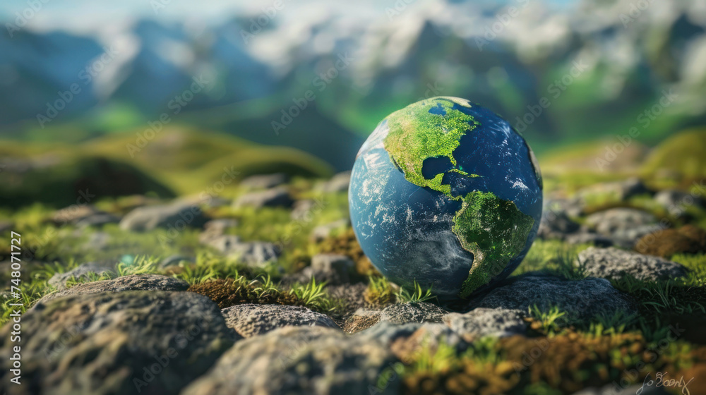 Vividly detailed Earth rests on a rugged terrain, implying nature's ...