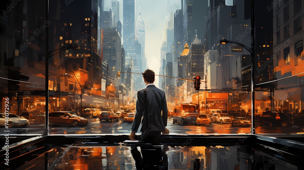 A visually striking composition featuring an artist creating their self ...